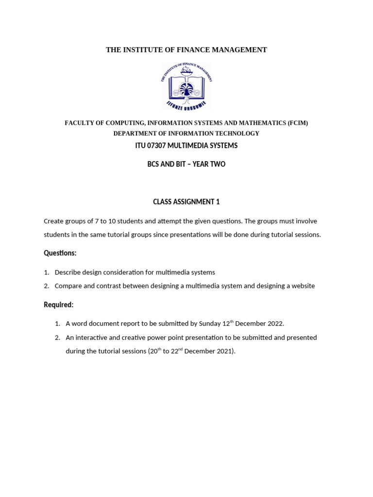 Itu 07307 Multimedia Systems-Class Assignment 1 | PDF