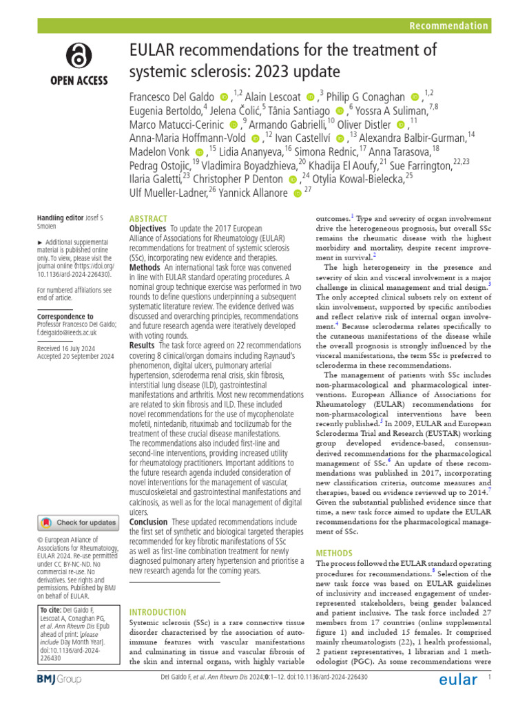 EULAR Recommendations For The Treatment of Systemic Sclerosis 2023 | PDF | Drugs | Medicine