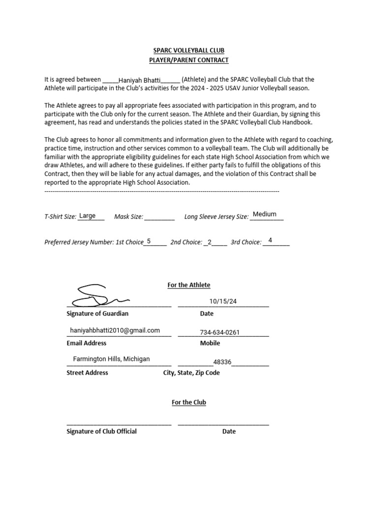SPARC Volleyball Club Player Contract | PDF | Business Law | Civil Law ...