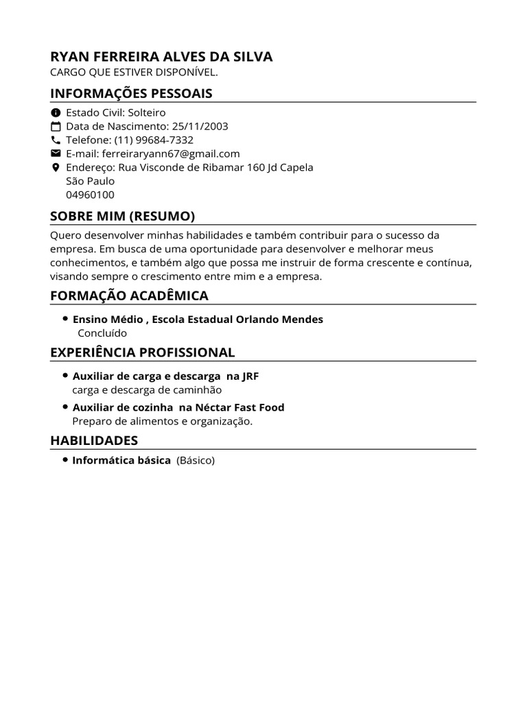 Currículo - Ryan Ferreira Alves Da Silva | PDF | Carreira e Crescimento