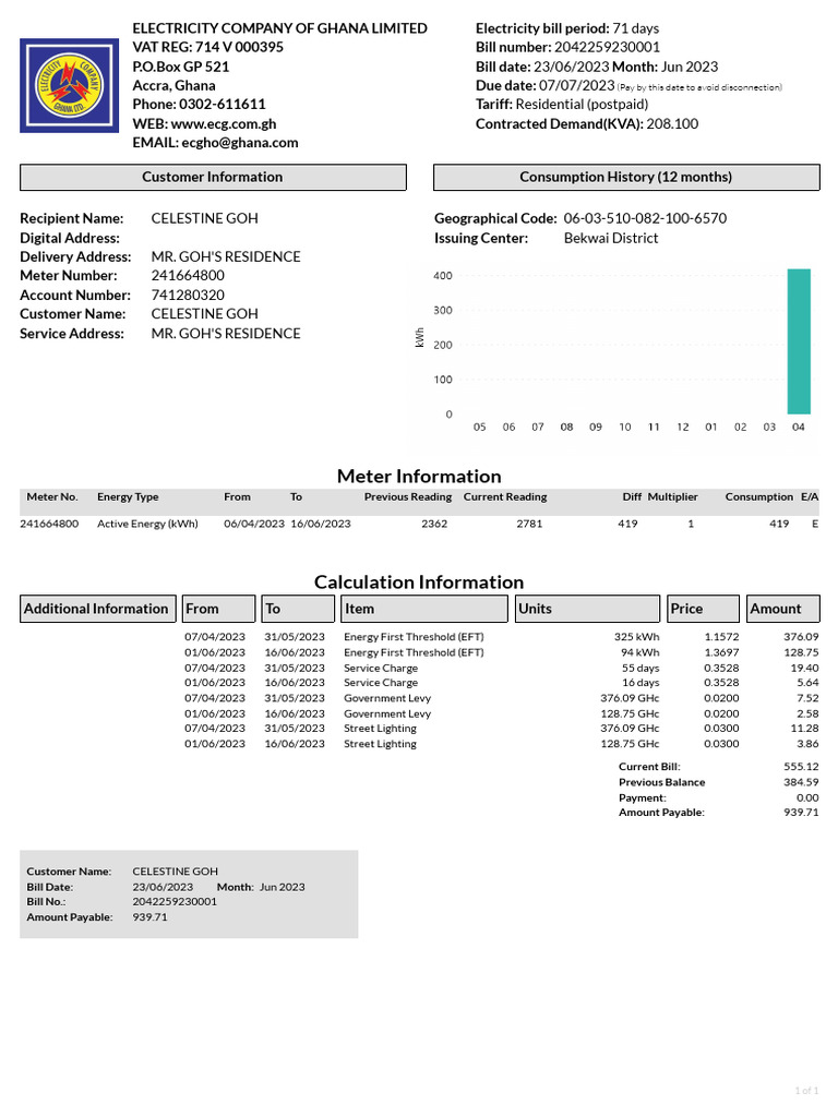 ECG Power Bill 1688450070078 | PDF | Power (Physics) | Electric Power
