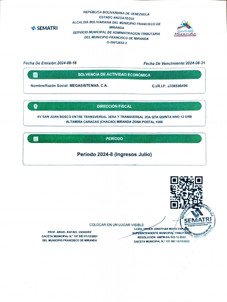 Solvencia Act. Econ. Alc. Francisco Miranda. Agosto 2024 | PDF
