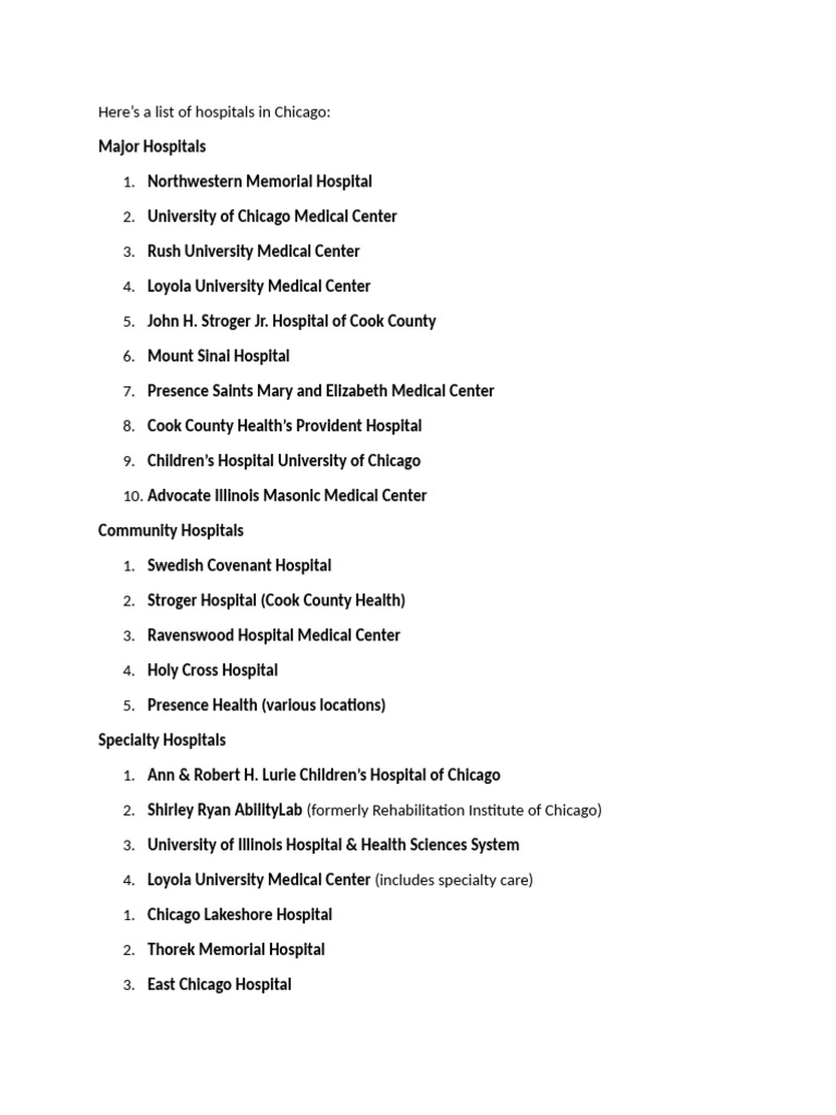 Chicago Hospitals Comprehensive List | PDF | Self-Improvement | Wellness