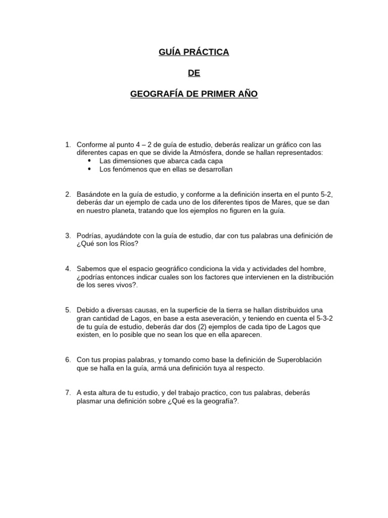 Guia Practica de Geografia 1° Año A. S. | PDF | lago | Atmósfera