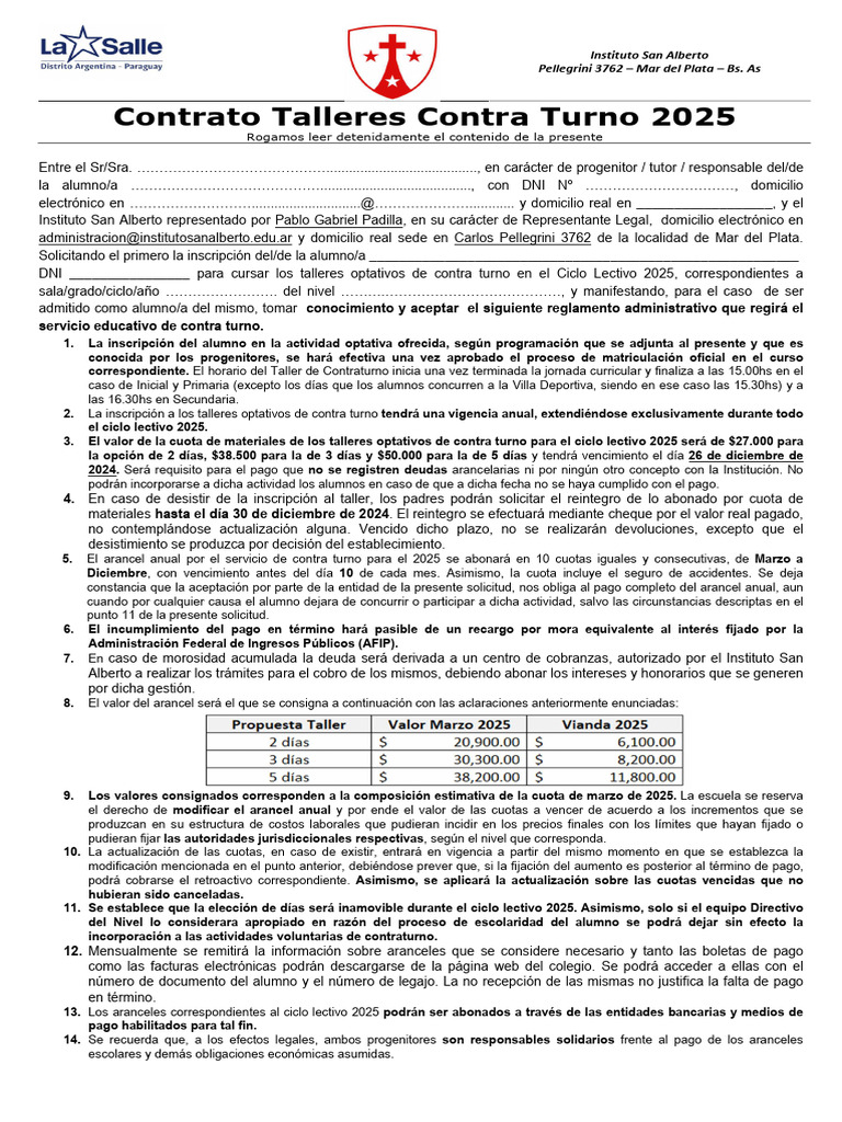 Contrato de Enseñanza 2025 talleres | PDF