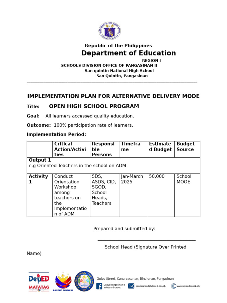 Open High School Program Implementation Plan | PDF