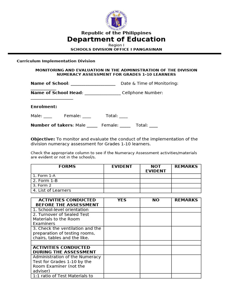 Numeracy Assessment Monitoring Guide | PDF | Cognition