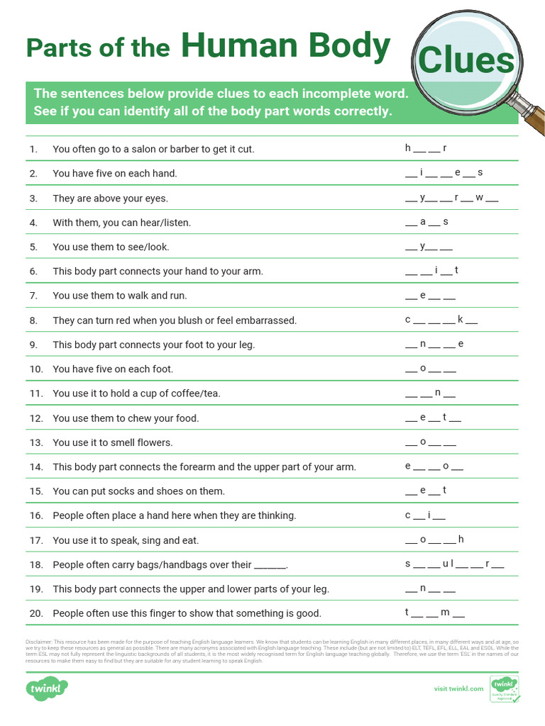 T 1681983353 Esl Parts of The Human Body Clues Worksheet Adults A2 b1 ...