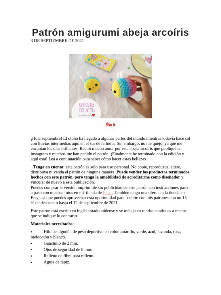 Patrón Amigurumi Abeja Arcoíris | PDF
