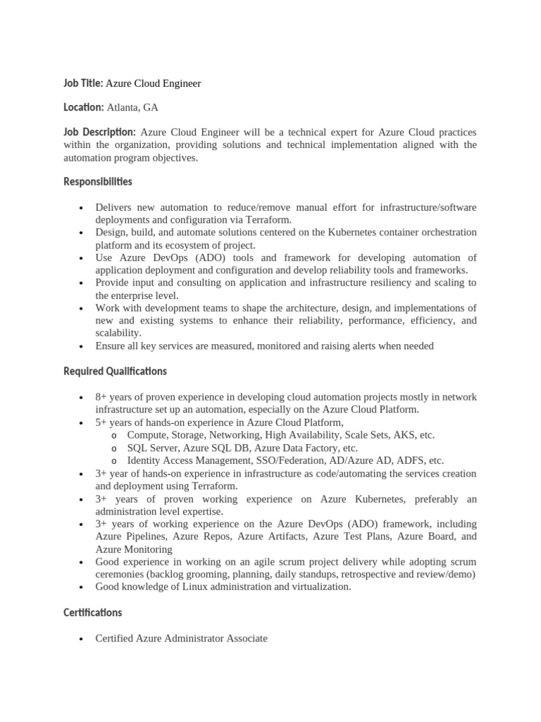 Azure Cloud Engineer Job Atlanta | PDF | Microsoft Azure | Cloud Computing
