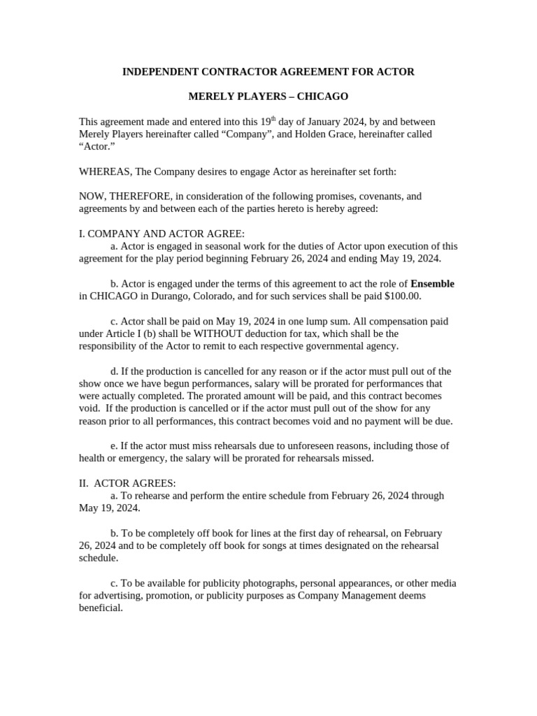 Holden Grace Chicago Contract 2024 | PDF | Employment | Insurance