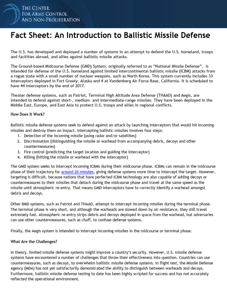 An Introduction To Ballistic Missile Defense Fact Sheet 1 | PDF ...