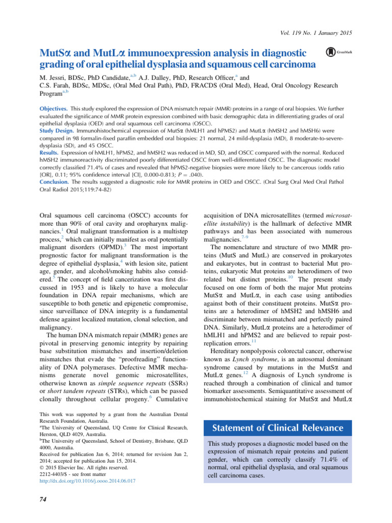 2015 MMR in ORAL DYSPLASIA - SCC | PDF | Clinical Medicine | Biotechnology