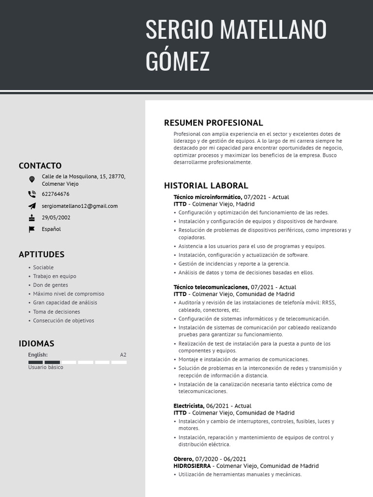 Curriculum Sergio Matellano | PDF | Ingenieria Eléctrica | Telecomunicaciones