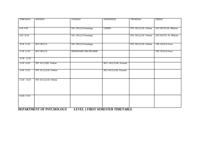 Level 1 Timetable 2024 First Semester | PDF
