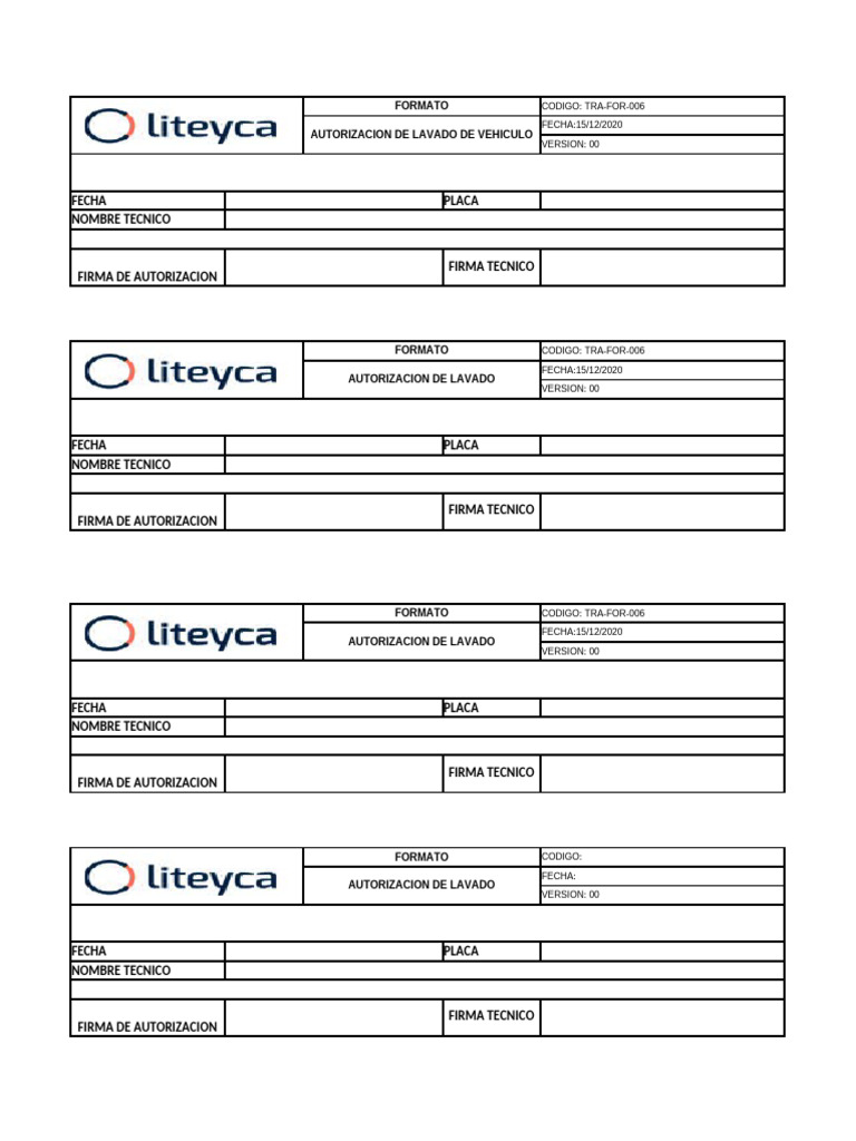 Tra-For-006 Formato Lavado de Vehiculos | PDF