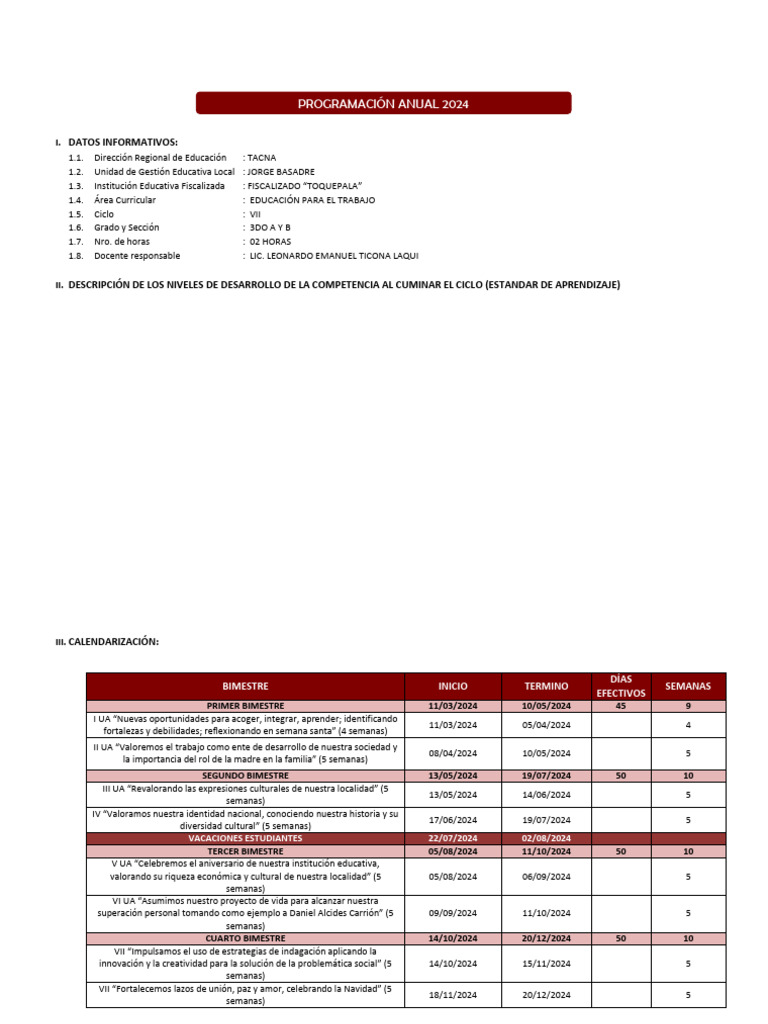 Programación Anual 2024 - 3ro Sec - Ept | PDF | Evaluación | Aprendizaje