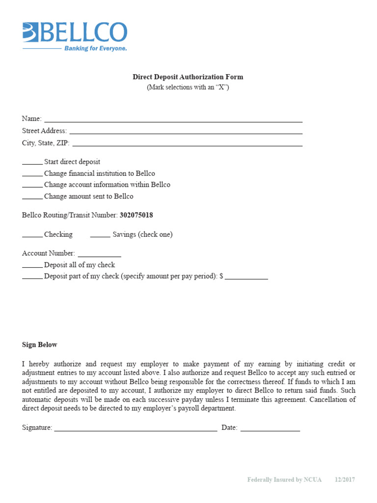 Bellco Direct Deposit Authorization Form | PDF | Finance & Money ...