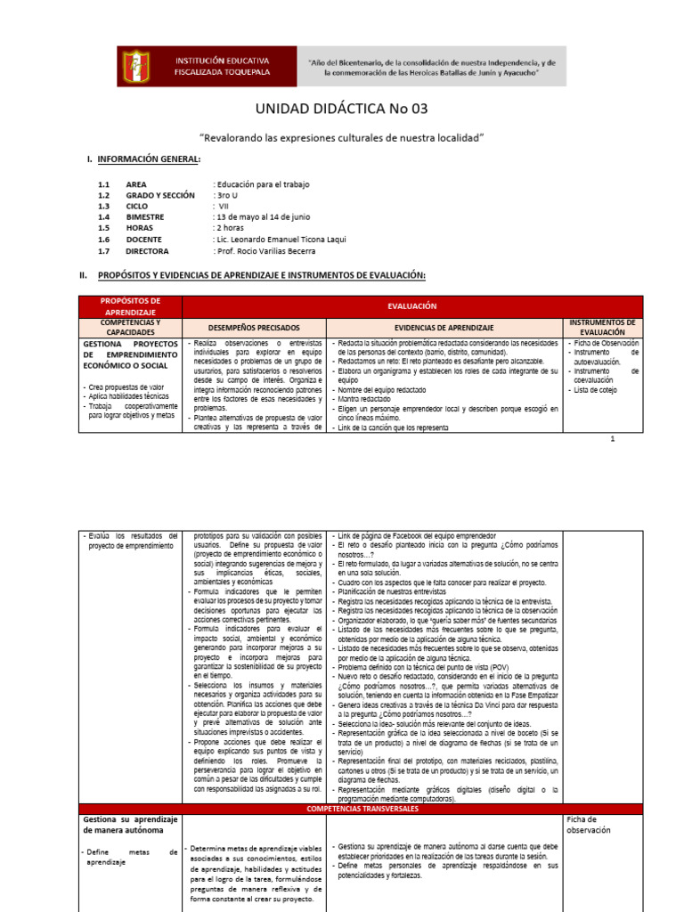 UNIDAD 03 3RO EPT - II BIMESTRE | PDF | Aprendizaje | Iniciativa ...