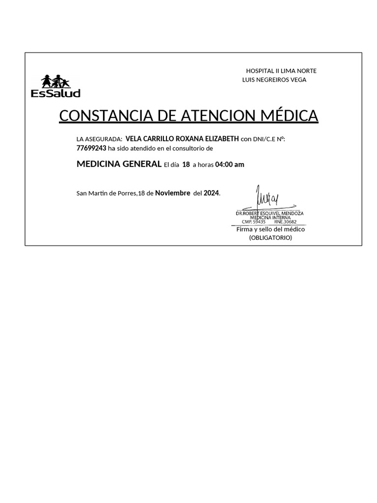 Constancia de Atención-Roxana Vela | PDF