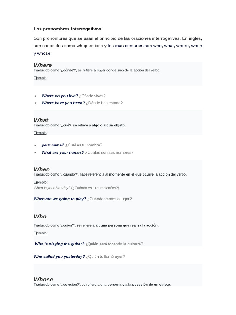 Los Pronombres Interrogativos | PDF | Artes del lenguaje y disciplina