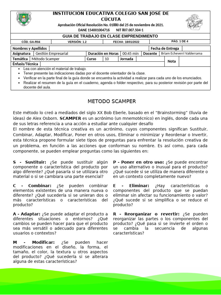 Guia de Trabajo Metodo Scamper | PDF