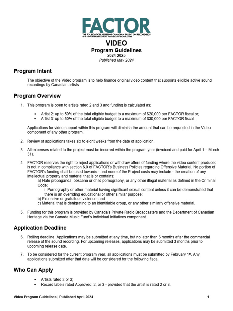 FACTOR Video Program Guidelines | PDF | Payments | Per Diem