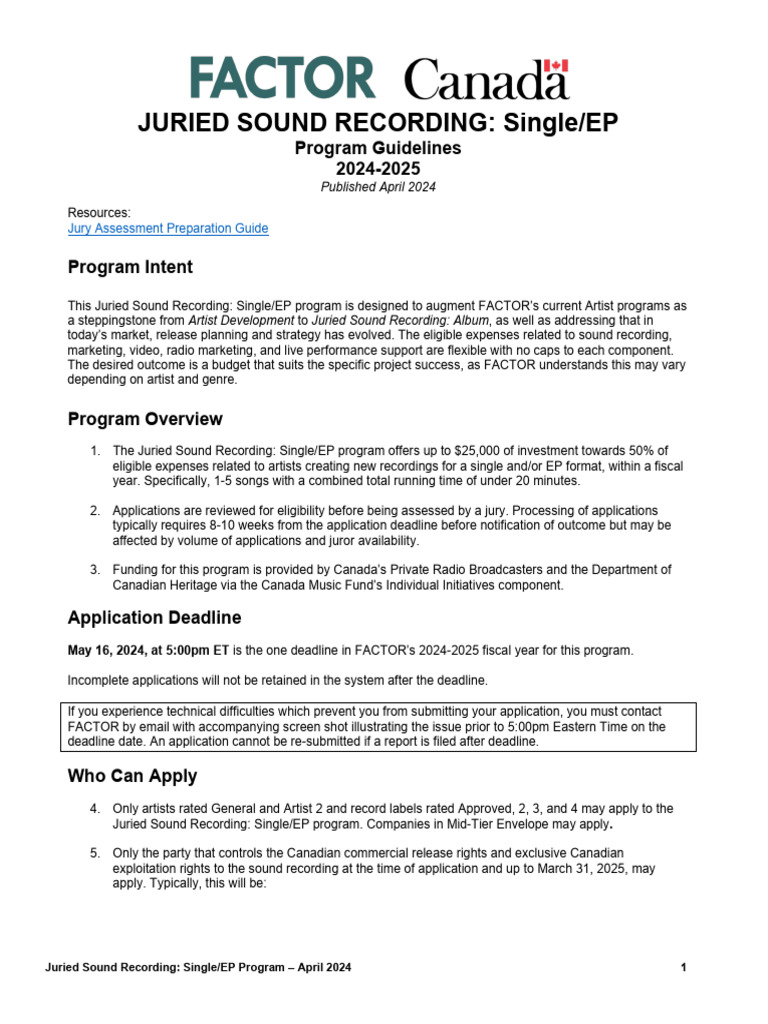 FACTOR JSR Single EP Program Guidelines | PDF | Payments | Receipt