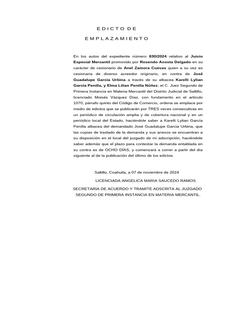 Edicto de Emplazamiento 830-2024 | PDF