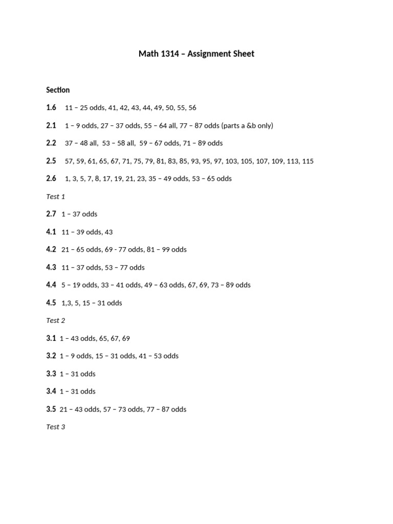 Math 1314 Assignment Sheet | PDF