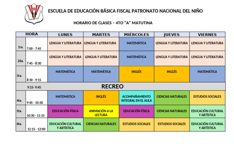 Horario Clases 4to "A" Matutina | PDF