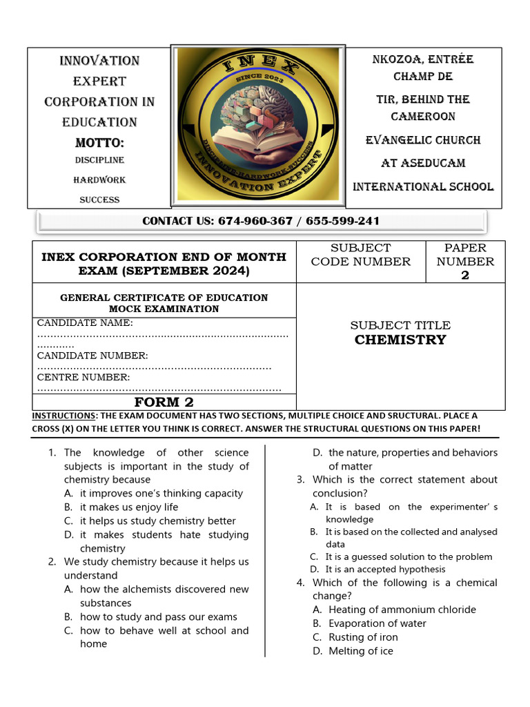 END OF MONTH FORM 2, CHEM, Sept 2024 | PDF | Chemical Elements | Atoms