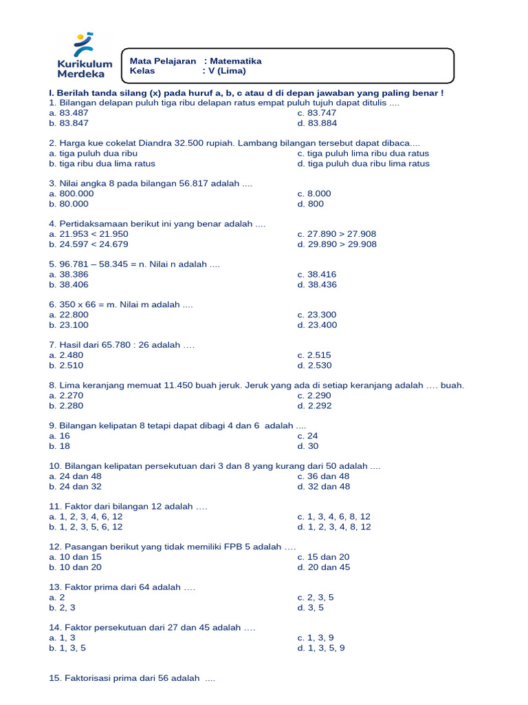 Soal Latihan PTS 1 MAT KLs 5 | PDF