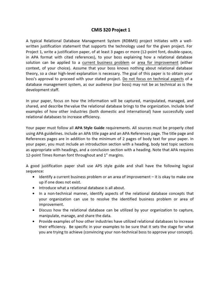 CMIS320 - Project 1-JustificationPaper | PDF | Relational Database | Apa Style
