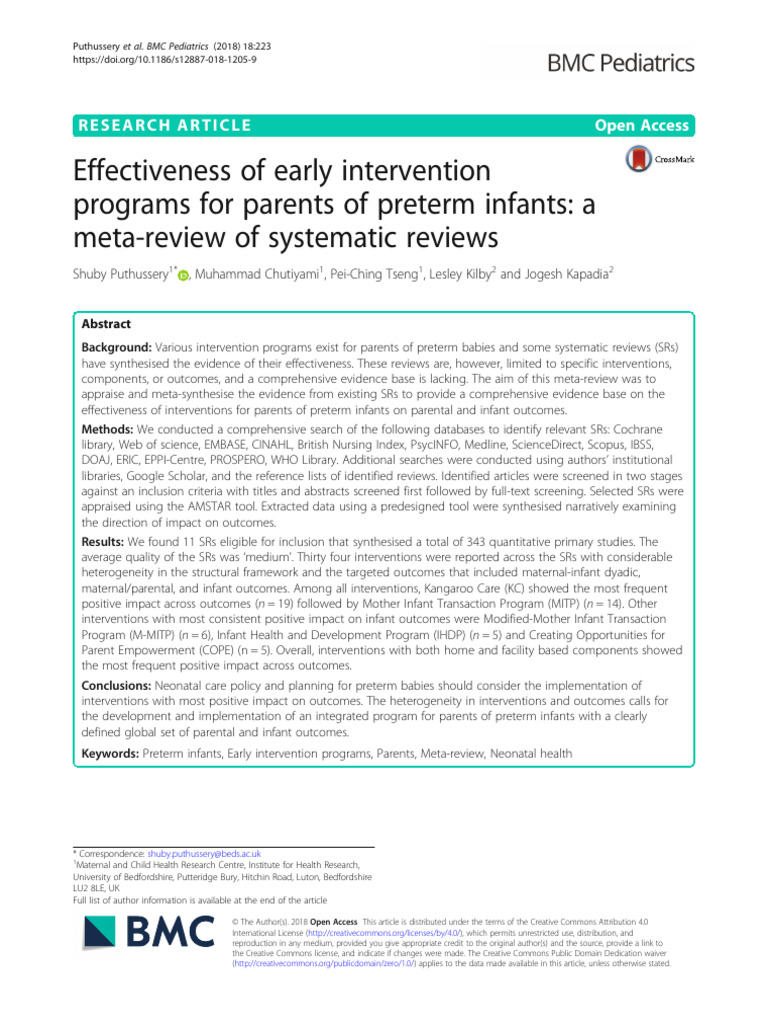 2018 Effectiveness of Early Intervention Programs For Parents of Preterm Infants - A Meta-Review ...