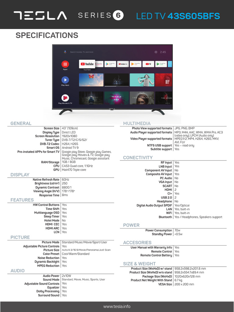 Tesla 43" LED TV 43S605BFS Specs | PDF | Hdmi | Computing