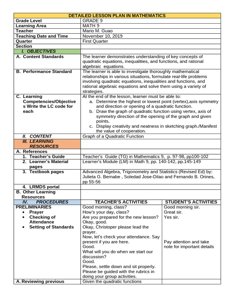 Lesson Plan Dep Ed Format Graph of Quadratic Funtion | PDF ...