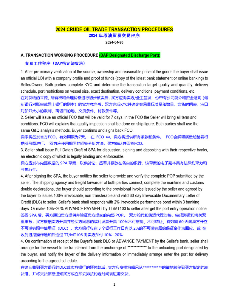 Crude Oil Trade Procedures 2024 | PDF | Letter Of Credit | Invoice