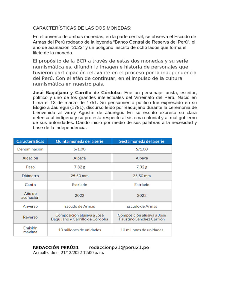 CARACTERÍSTICAS DE LAS DOS MONEDAS Tareacde Cs | PDF | Perú