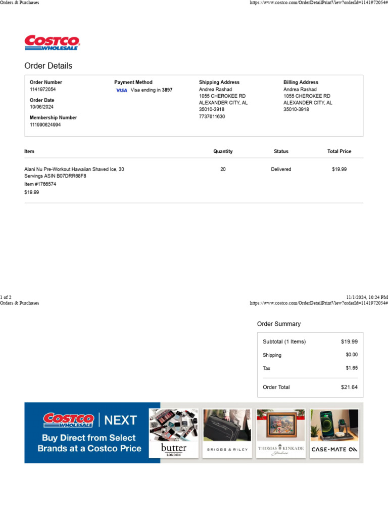 Order Details: Order Number Payment Method 3897 Shipping Address ...