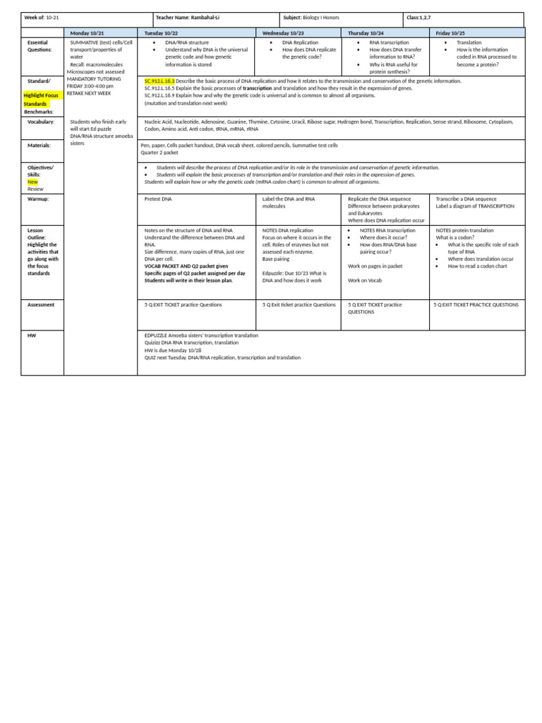 Lesson Plan DNA Week 1 and Student DO NOWs | PDF | Rna | Translation ...