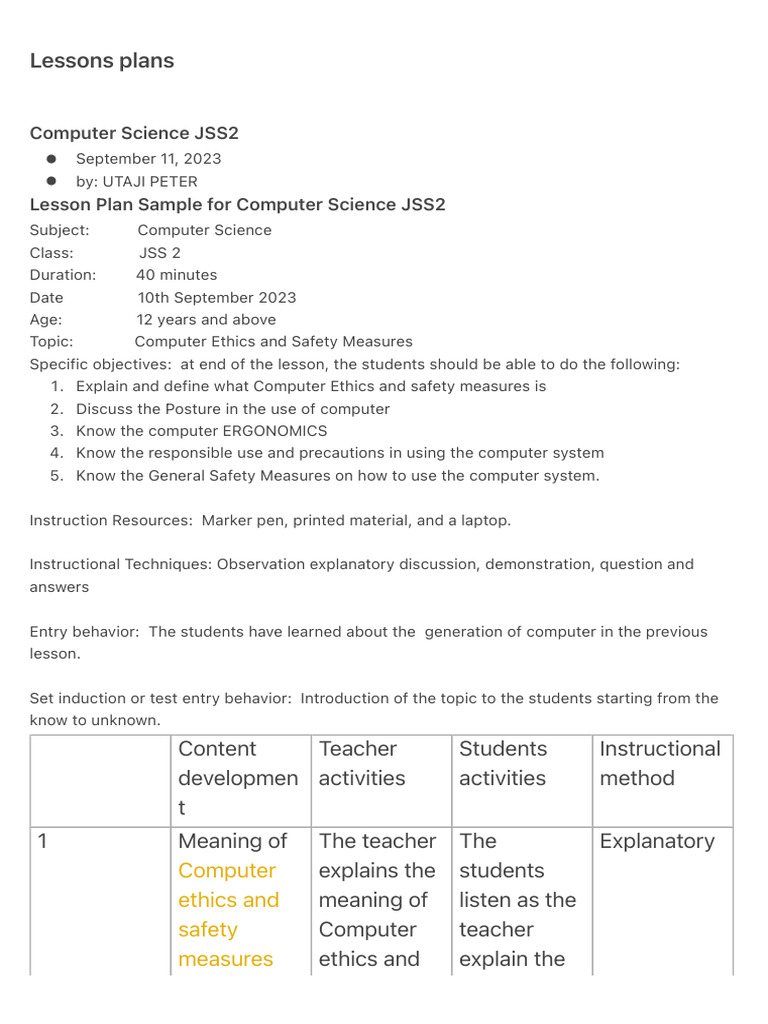 Computer Ethics & Safety for JSS2 | PDF | Lesson Plan | Human Factors And Ergonomics