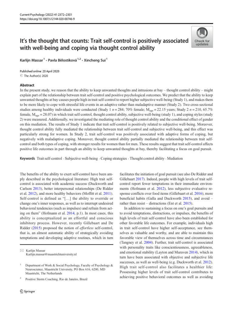 It S The Thought That Counts: Trait Self-Control Is Positively Associated With Well-Being and ...