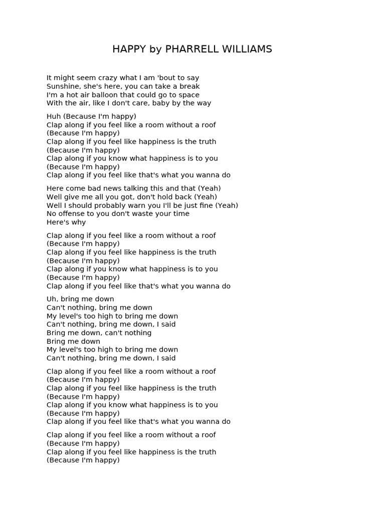 Pharrell Williams' Happy Lyrics Analysis | PDF | Language Arts ...