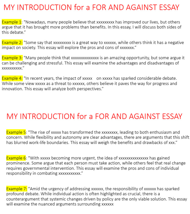 Introductions For FOR and AGAINST Essays | PDF