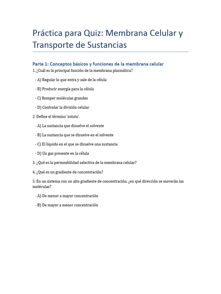 Practica Quiz Membrana Celular | PDF | Biología Celular | Bioquímica