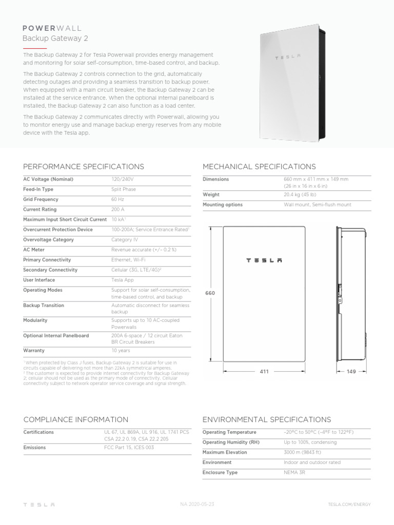 Tesla Backup Gateway 2 Specifications | PDF | Electrical Grid | Power ...