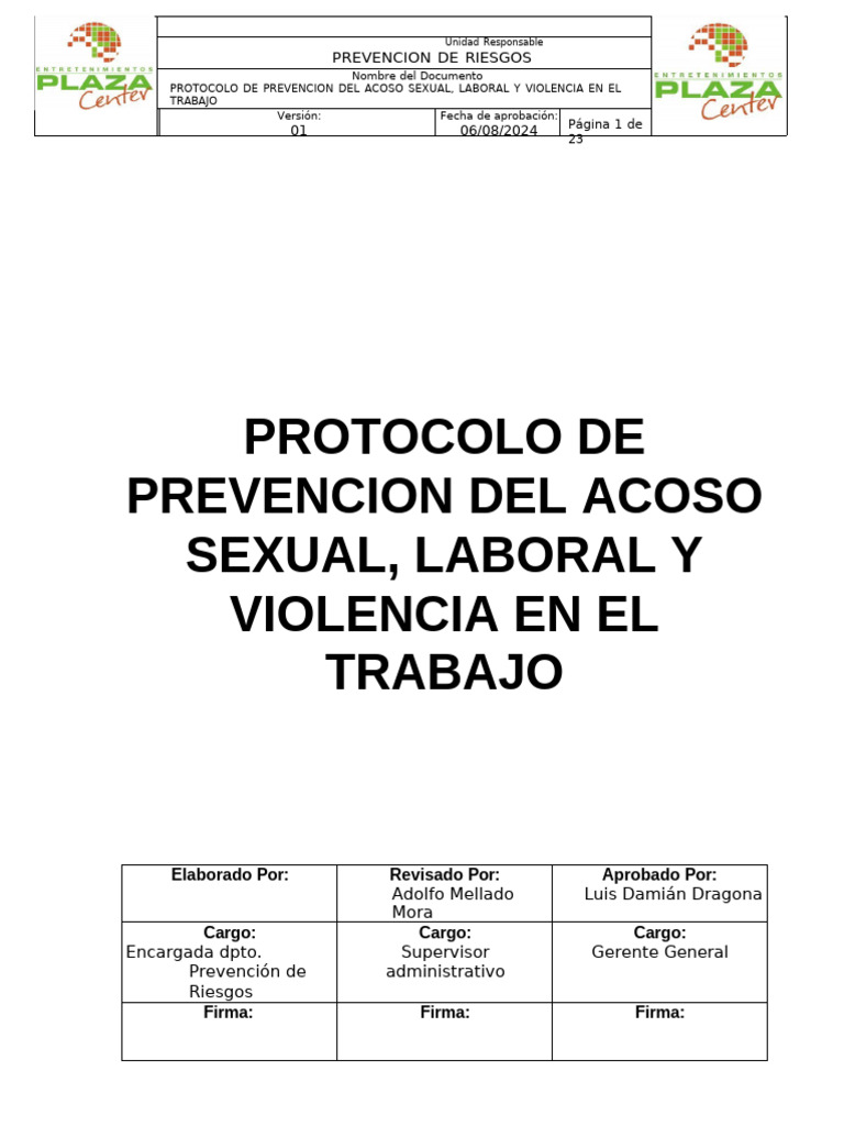 Protocolo de Prevencion Del Acoso Sexual, Laboral y Violencia en El Trabajo 1.0 | PDF | Acoso ...
