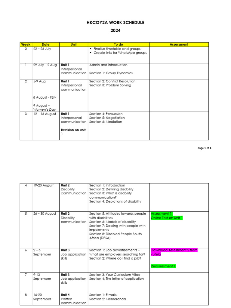 HKCOY2A Work Schedule - 2024 - STUDENTS | PDF | Disability | Communication
