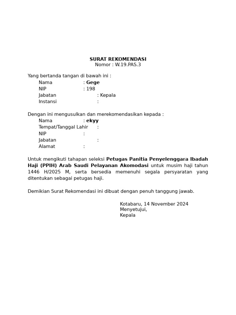 Surat Rekomendasi Atasan Untuk PPIH | PDF